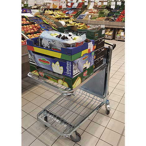 Ergonomic shelf-stacking trolley- wire-mesh trays 600×800 – SUFILOG