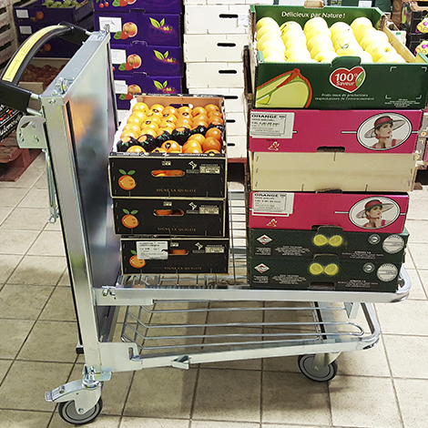 Ergonomic shelf-stacking trolley- wire-mesh trays 600×800 – SUFILOG